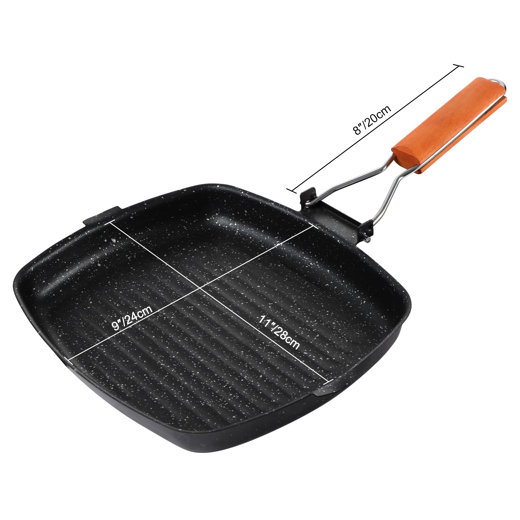 REDCAMP Nonstick Grill Pan with Folding Handle for Stove Tops, Versatile Griddle with Pour Spouts, Durable Skillet Indoor & Outdoor Grilling, Black Steak Pan, Compatible with All Stovetops,11(L)x9(W)