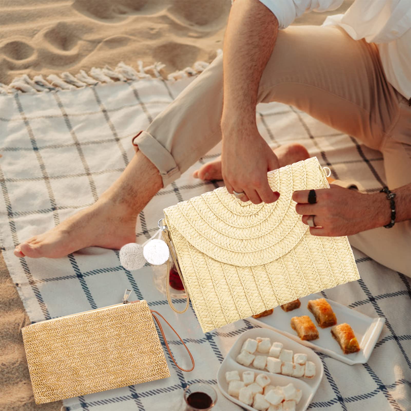 HOINYESEN Straw Shoulder Bag Straw Clutch Women Hand-woven Summer Beach Straw Purse for Women woven Envelope Bag (beige)