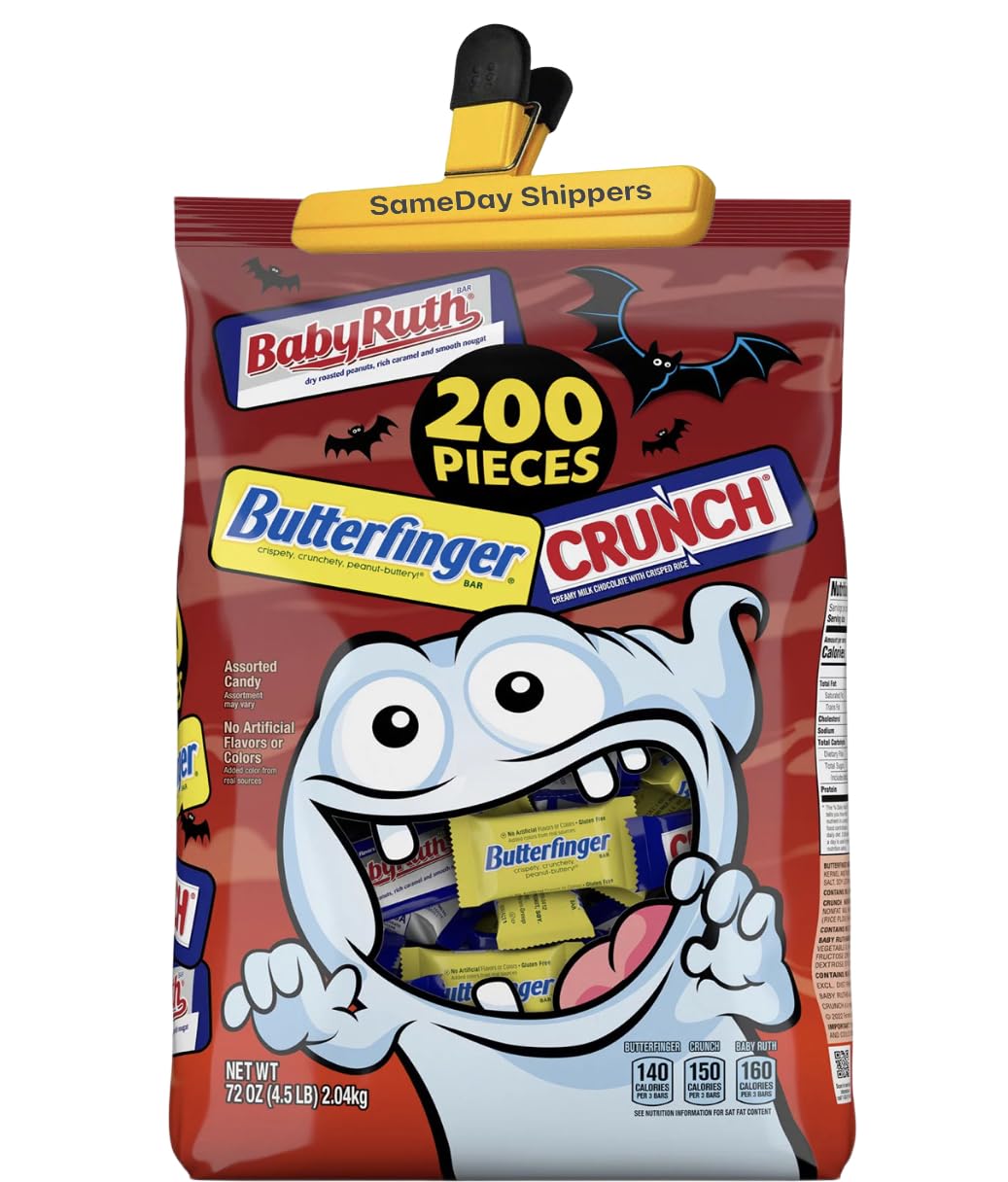 HALLOWEEEN CANDY | Butterfinger, CRUNCH and Baby Ruth, Mini Size Bars (200 PIECES) - 4.5 LBS | Individually Wrapped Assorted Mini Size Candy Bars Best For Trick and Treat Halloween Night | SAMEDAYS SHIPPERS BRANDED BAG CLIP INCLUDED
