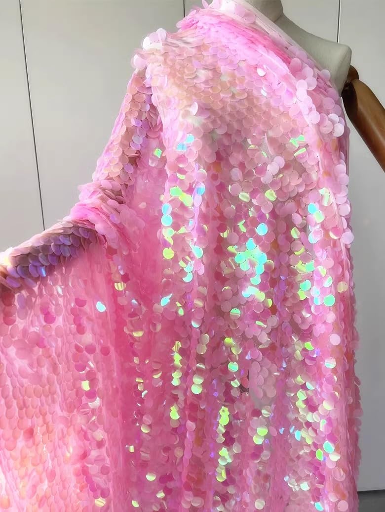 Singring Round Sequin Fabric, Mermaid Tablecloth Background Fabric Fish Scale Sequins Fabric Photo Props Wedding Decor Mesh Sequins Fabric for DIY Dress Clothes (Pink,2 Yards)