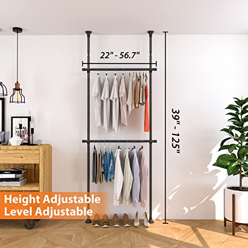 YeYeBest Clothes Rack, 2 Tier Closet Organizers And Storage Free Standing Closet Ceiling Link Floor Hanger for Hanging Clothes Adjustable Floor to Ceiling for Bedroom Laundry Room Black