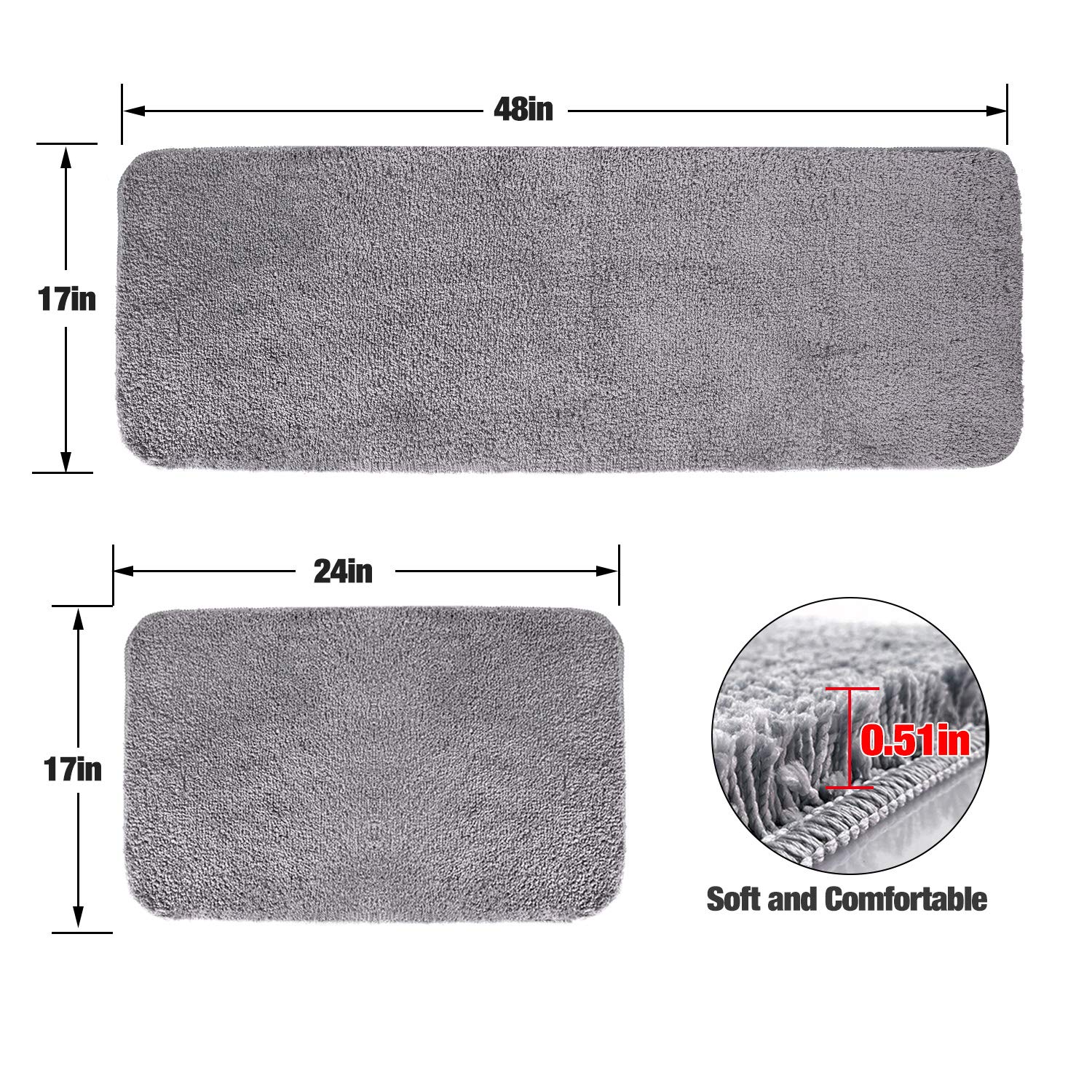 Kitchen Rugs, Anti-Slip Kitchen Rugs and Mats, 2 Pcs Kitchen Mats for Floor, Washable Rug for Kitchen, 17"x48"+17"x24", Grey