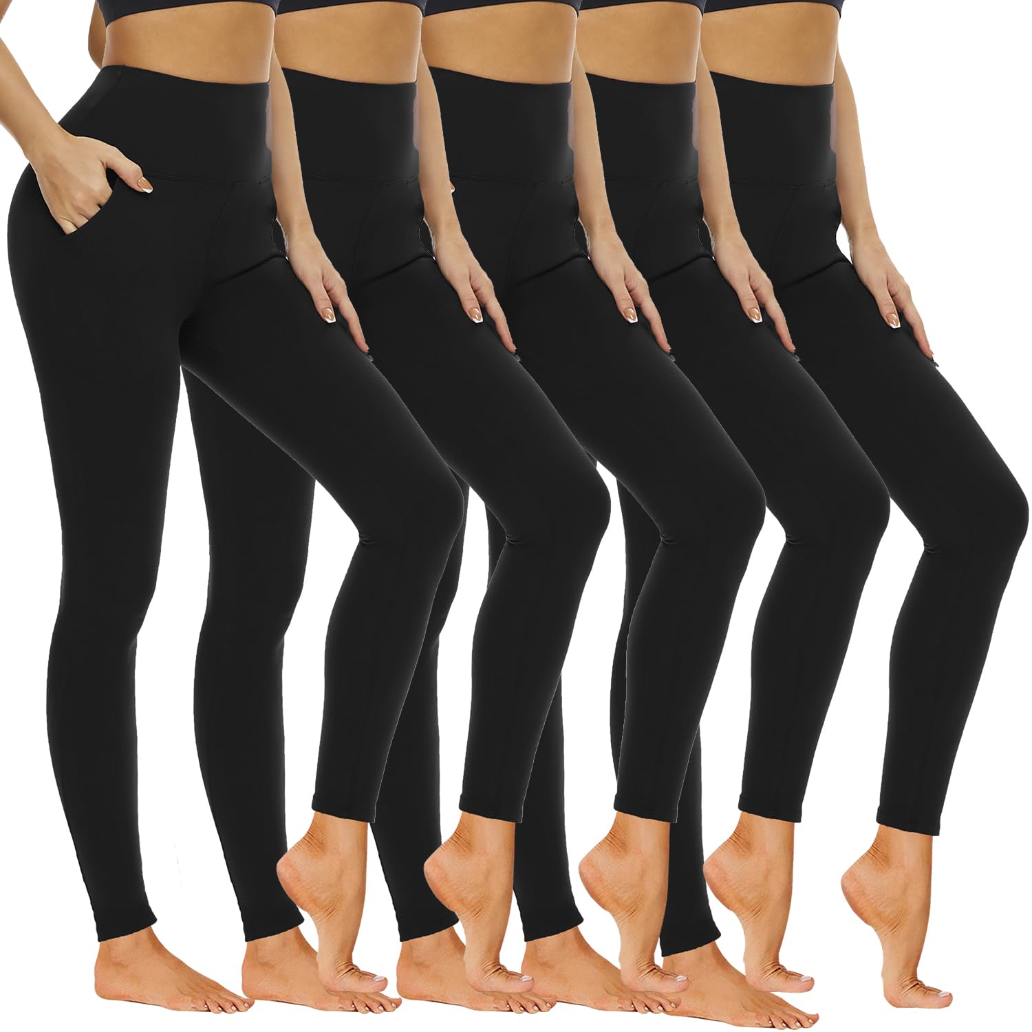 Hi Clasmix 5 Pack Super Soft Leggings with Pockets for Women-High Waisted Tummy Control Workout Yoga Running Gym Fitness Active Pants(5 Pack Black Leggings with Pockets,L-XL)