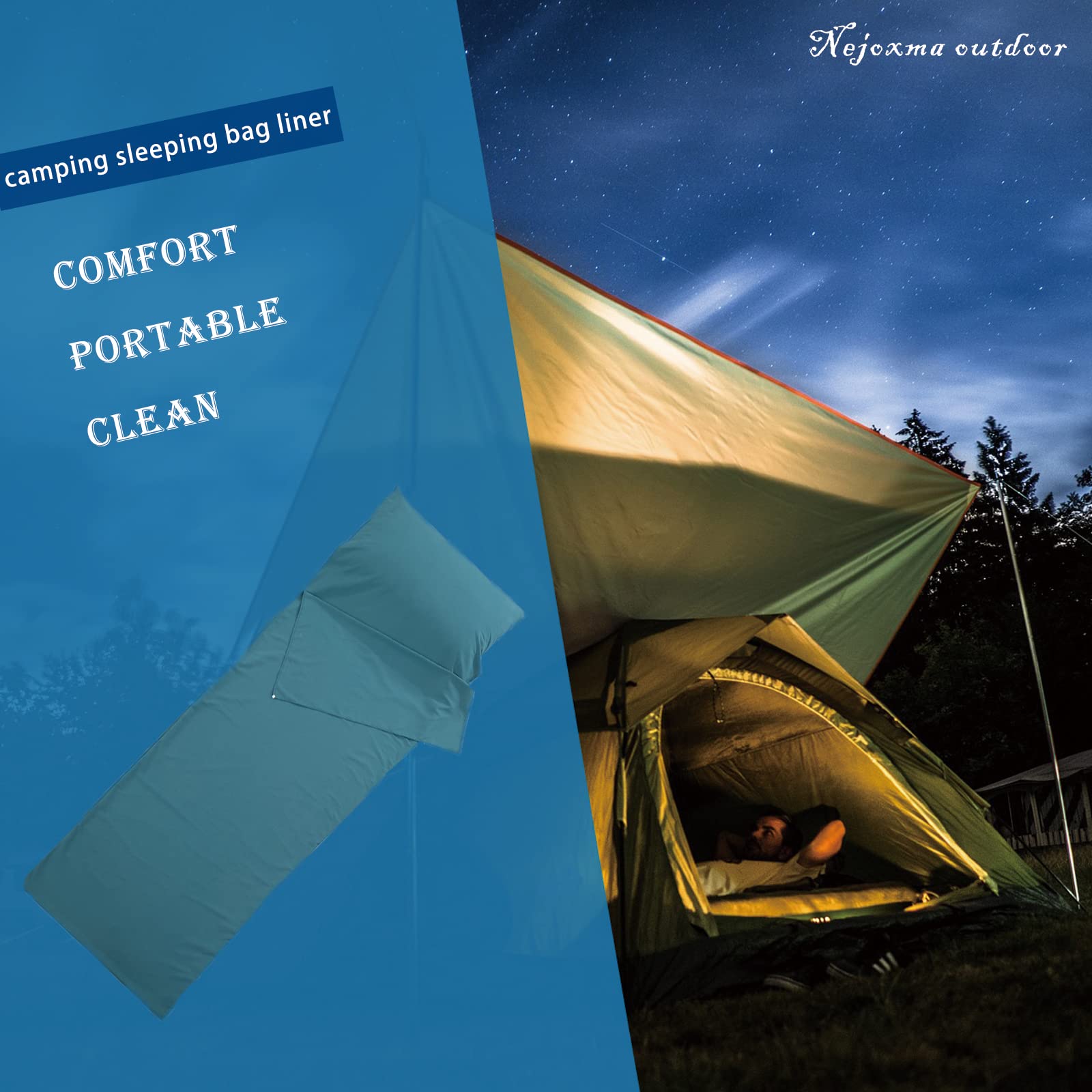 Nejoxma Outdoor Sleeping Bag Liner -Mystic Blue Camping & Travel Sheets & Sack for Adults & Teens Premium Soft Comfy & Easy Care Ultralight & Compact - Ideal for Backpacking Hiking Hotel Traveling