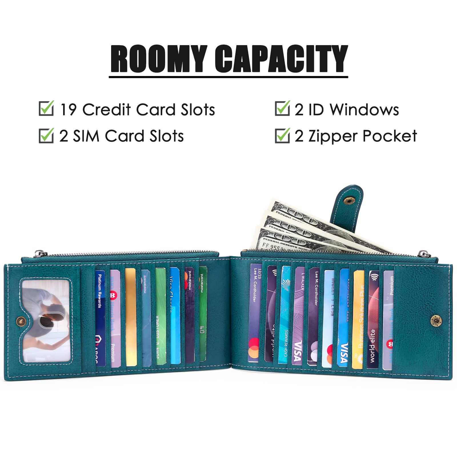 KELEEL Women Wallet RFID Blocking Bifold Genuine Leather Wallet with Double Zipper Pocket Removable Card Sleeve Multi Card Case Phone Holder Clutch (Classic Blue)