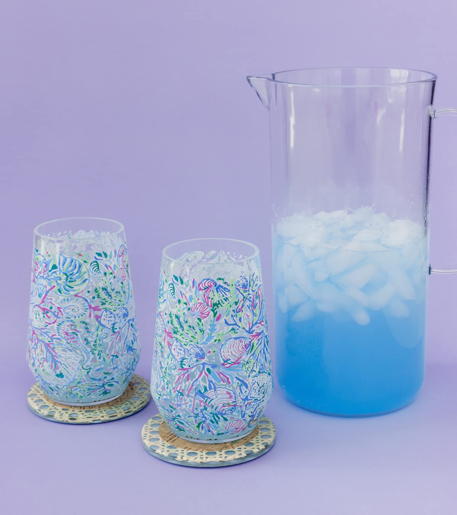 Lilly Pulitzer Stemless Wine Glass Set of 2, Large Acrylic Wine Glasses, 22 Ounce Plastic Cocktail Cups for Indoor/Outdoor, Soleil It On Me