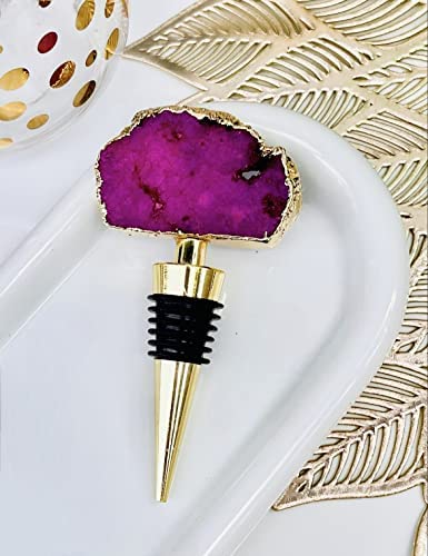 LUXE CRYSTAL CO. Handcrafted Purple Magenta Pink Agate Druzy Gold Natural Crystal Wine Champagne Stopper Handmade Bottle Barware Housewarming Bridal Shower (Pink)