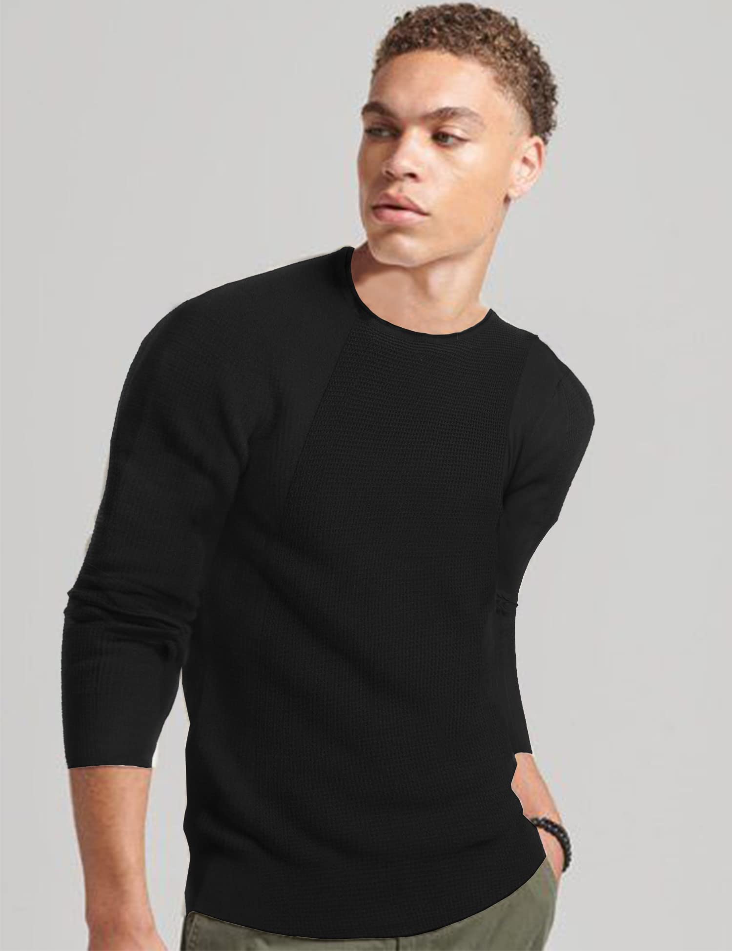 KELLORENA Men's Muscle T Shirts Stretch Long Sleeve Workout Tee Casual Slim Fit Gym Athletic T Shirts for Men Black