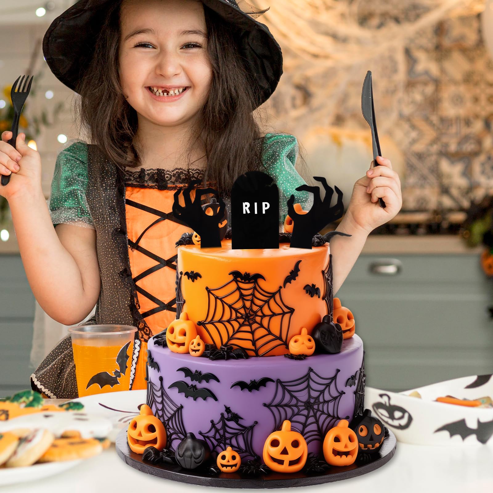 Halloween Cake Toppers Horror RIP Tombstone 3pcs Classic Black Ghost Hand Cake Toppers Halloween Cake For Creepy Theme DIY Birthday Wizard Spider Ghost Party Cake