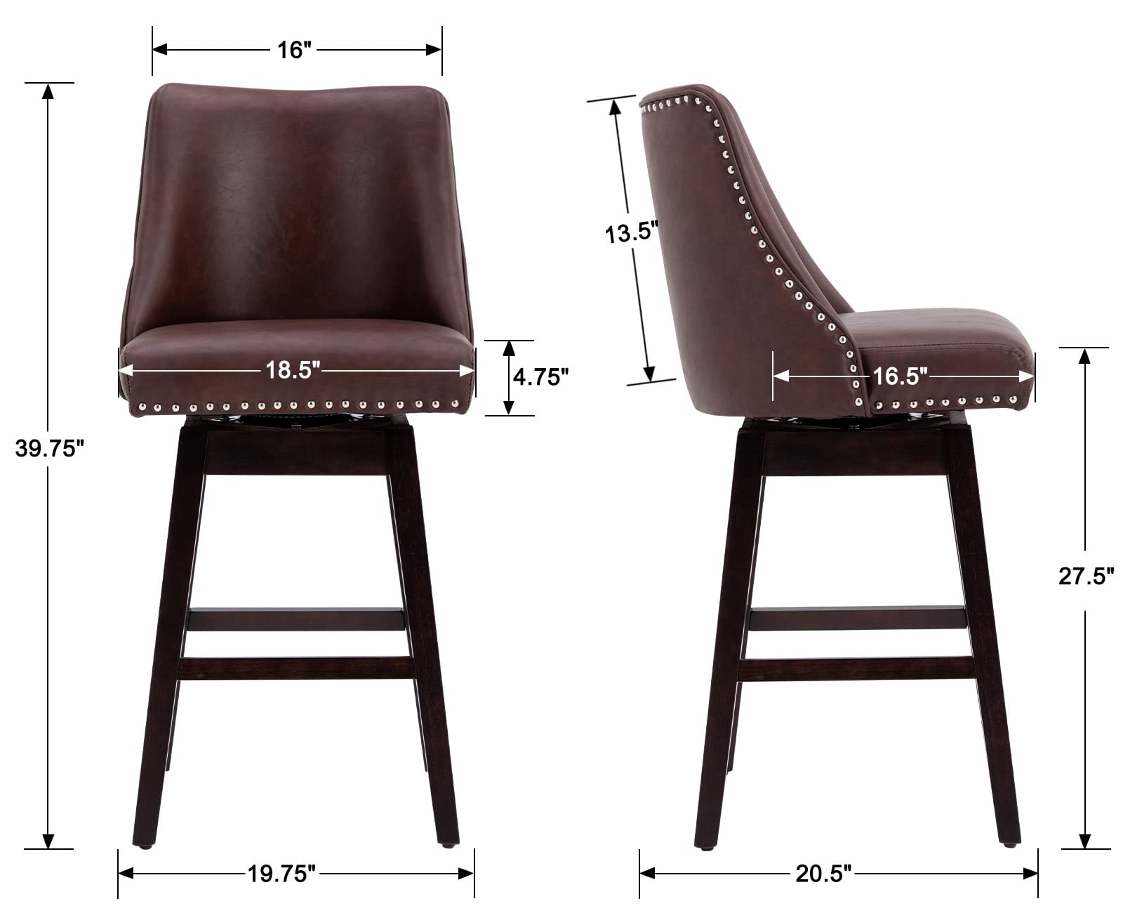 Kmax Leather Counter Height Bar Stools Swivel Farmhouse Bar Stools with Wood Legs Nailhead Footrest for Kitchen Island, Set of 2- Chocolate