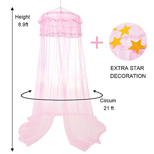 Twinkle Star Kids Netting Princess Bed Canopy 3 Layers Lace Ruffle Dome for Baby, Girls (Pink)