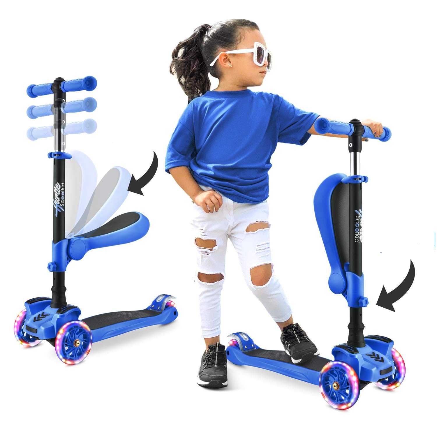 Hurtle 3-Wheeled Scooter for Kids - Wheel LED Lights, Adjustable Lean-to-Steer Handlebar, and Foldable Seat - Sit or Stand Ride with Brake for Boys and Girls Ages 1-14 Years Old - Blue