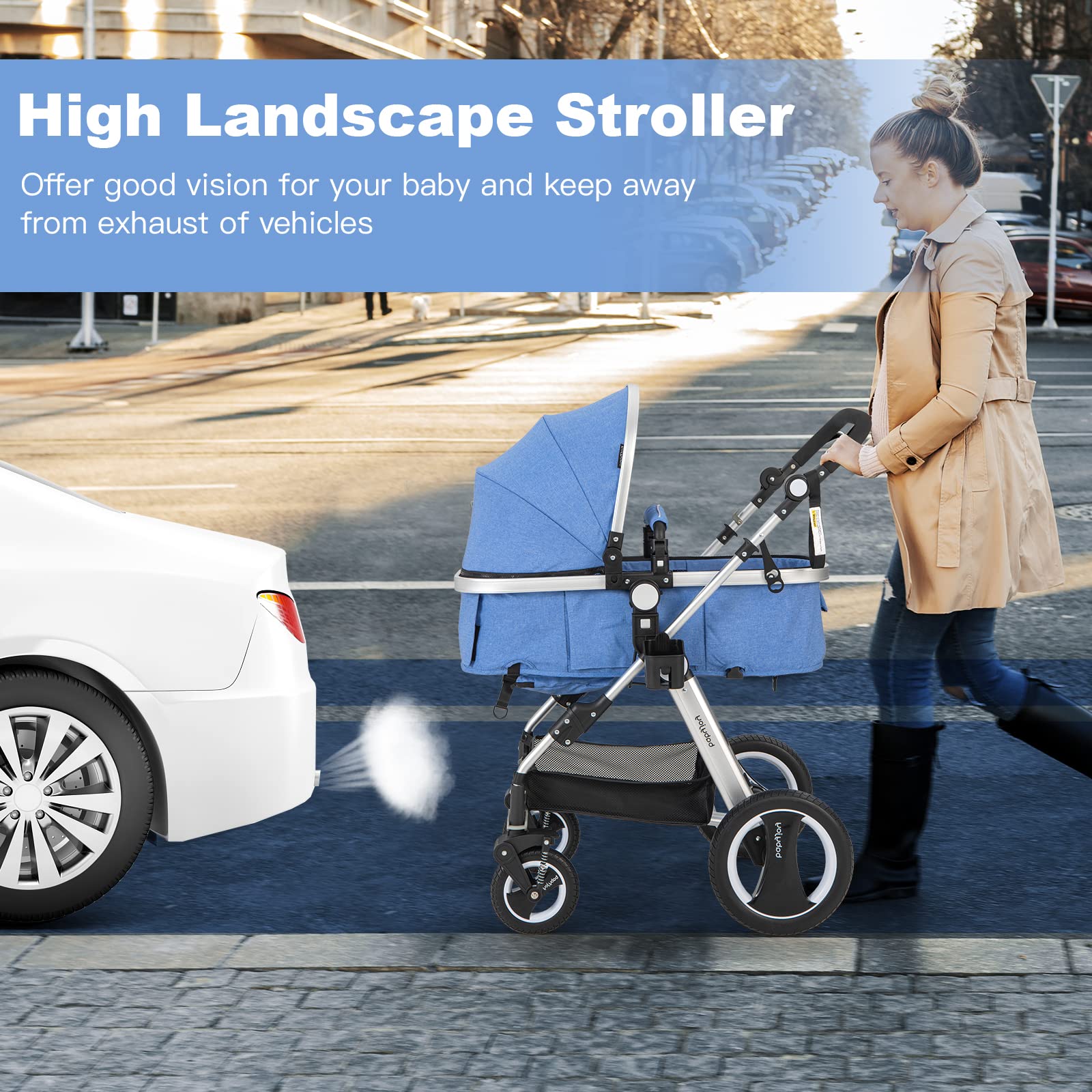 HONEY JOY Baby Stroller for Newborn, 2 in 1 High Landscape Infant Stroller & Convertible Bassinet Pram, Adjustable Backrest & Canopy, Cup Holder, Storage Basket, Foldable Pushchair w/Foot Cover (Blue)