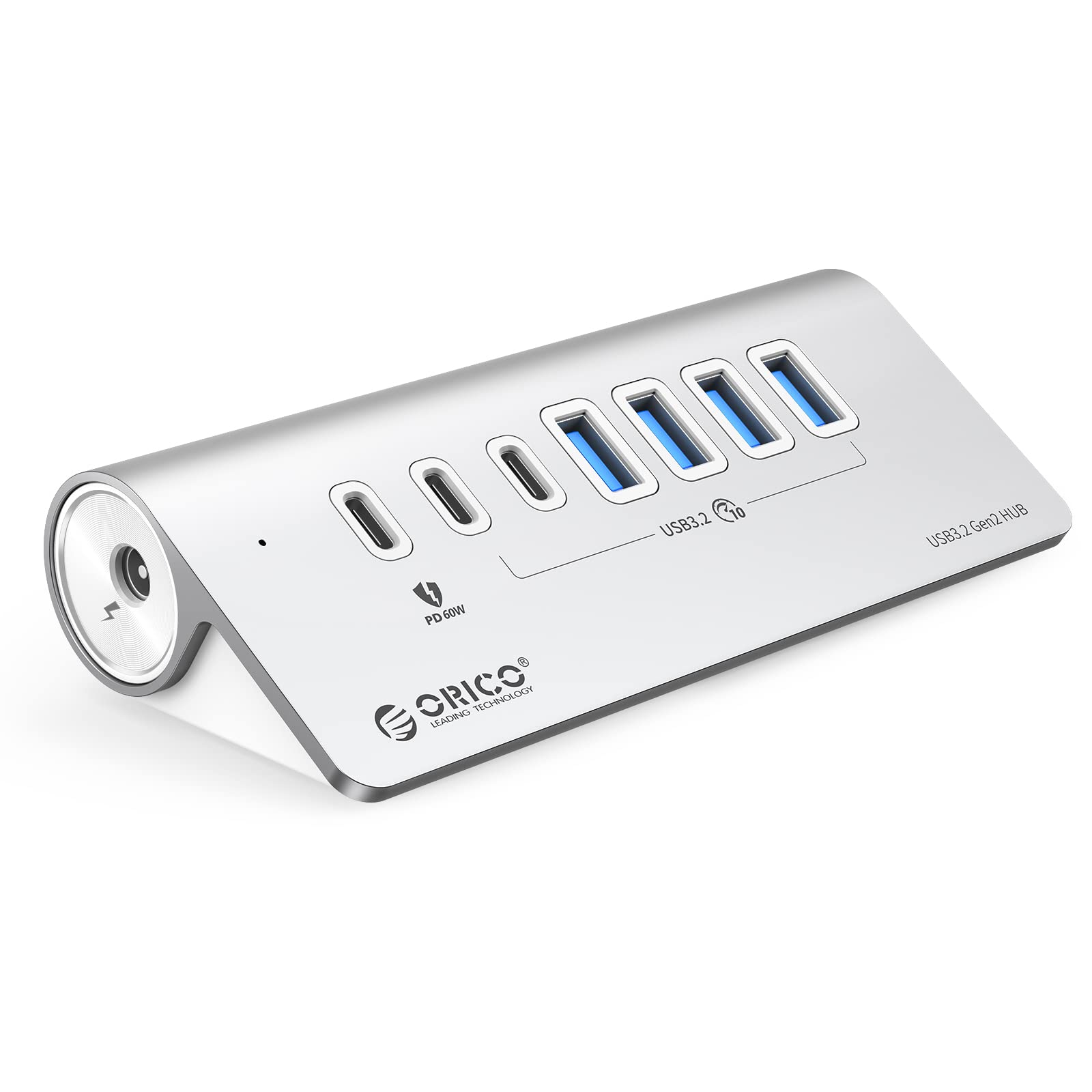 ORICO Powered USB Hub 10Gbps, 7 Port USB 3.2 Gen 2 Hub with 6 USB 3.2 Data Ports, 1 PD 60W Charging Ports, 24V3A Power Adapter, 3.28Ft A to C Cable, Aluminum USB Data Hub for Laptop