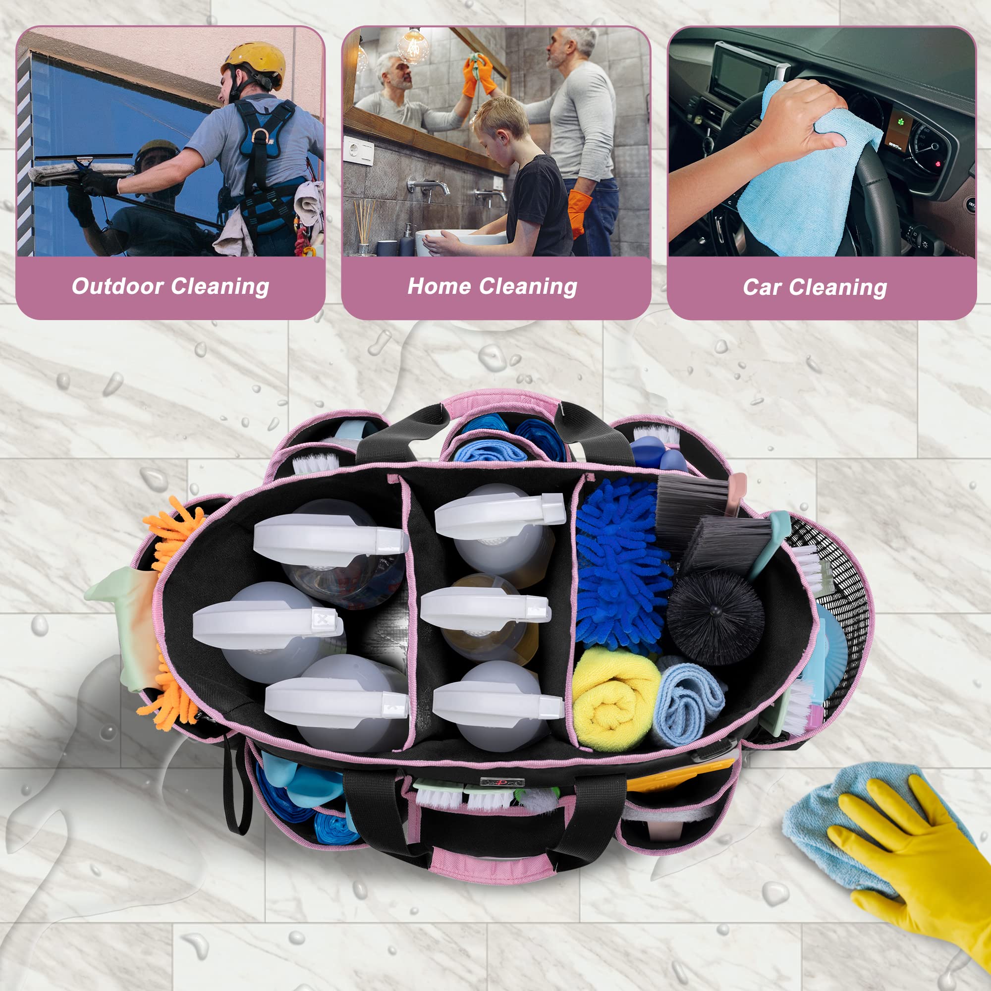 LoDrid Cleaning Caddy Bag with Handle and Shoulder Strap, Cleaning Supplies Organizer for Cleaning Work with 3 Compartments and Multifunctional Pockets, Black with Pink Edge