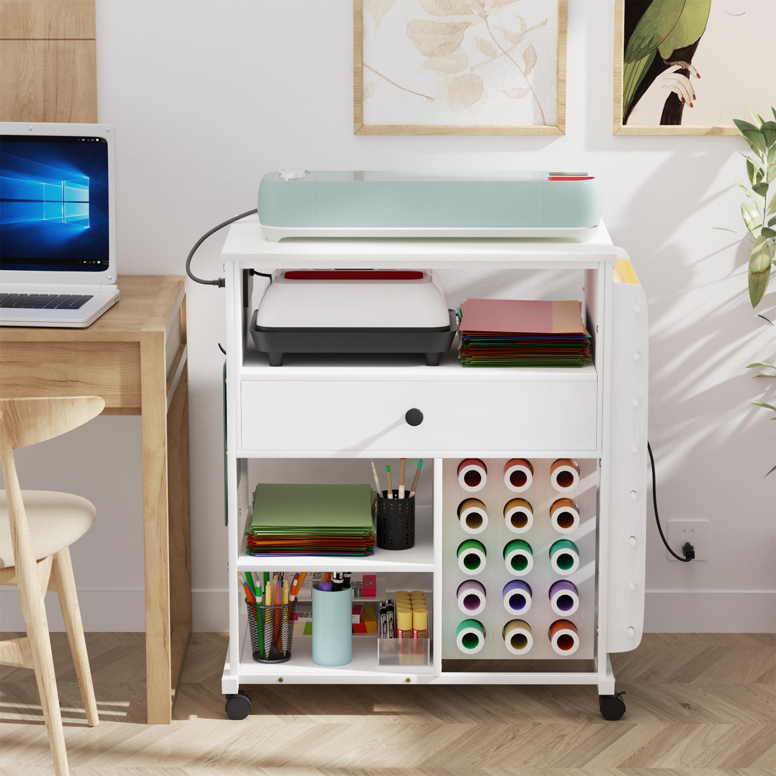 SEPTBOT Rolling Craft Storage Cart with Power Outlet and 23 Vinyl Roll Holders, Craft Rolling Storage Organizer Compatible with Cart Machines, Craft Organization and Storage Cart for Home Office