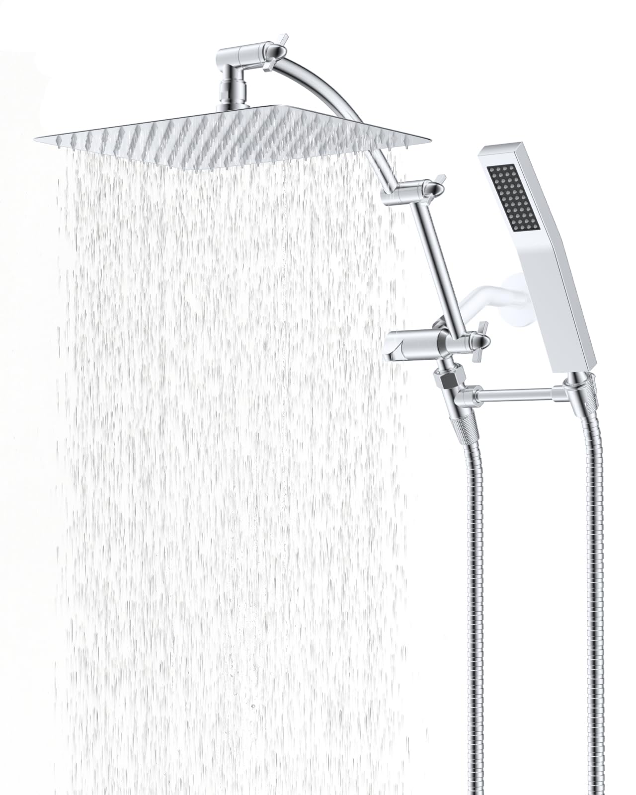 Hibbent All Metal 12'' Rainfall Shower Head, Square Shower Head Combo, High Pressure Handheld Shower Wand, 16'' Adjustable Arc-shaped Shower Extension Arm, 71'' Hose, 2 Showerhead Holders, Chrome