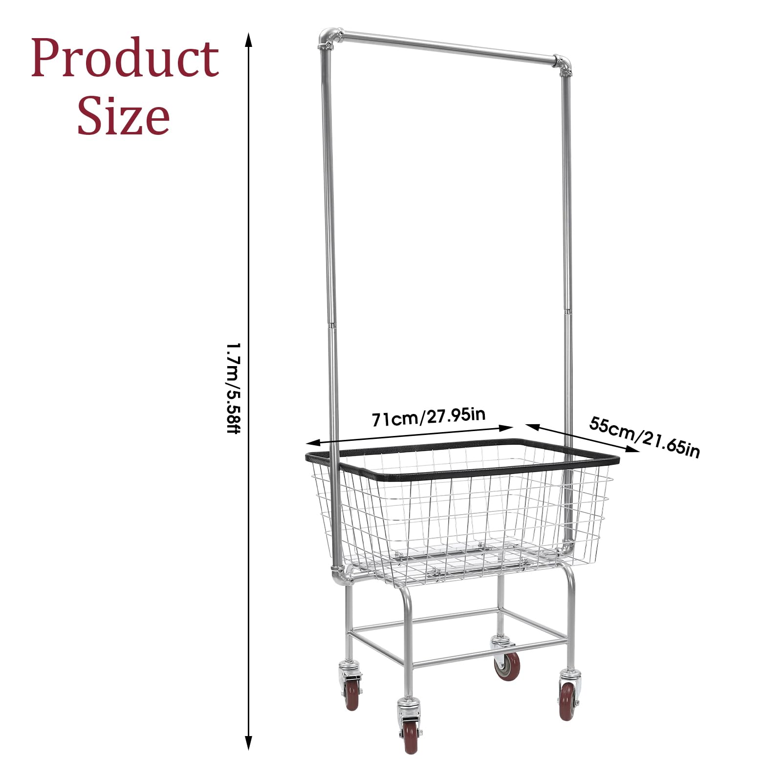 Wire Laundry Cart with Hanging Rack, Wire Laundry Basket With Wheels 27''x22''x67'', Commercial Wire Laundry Basket Cart With drying rod, Galvanized Steel Frame with 5'' Casters, Wire Basket Cart