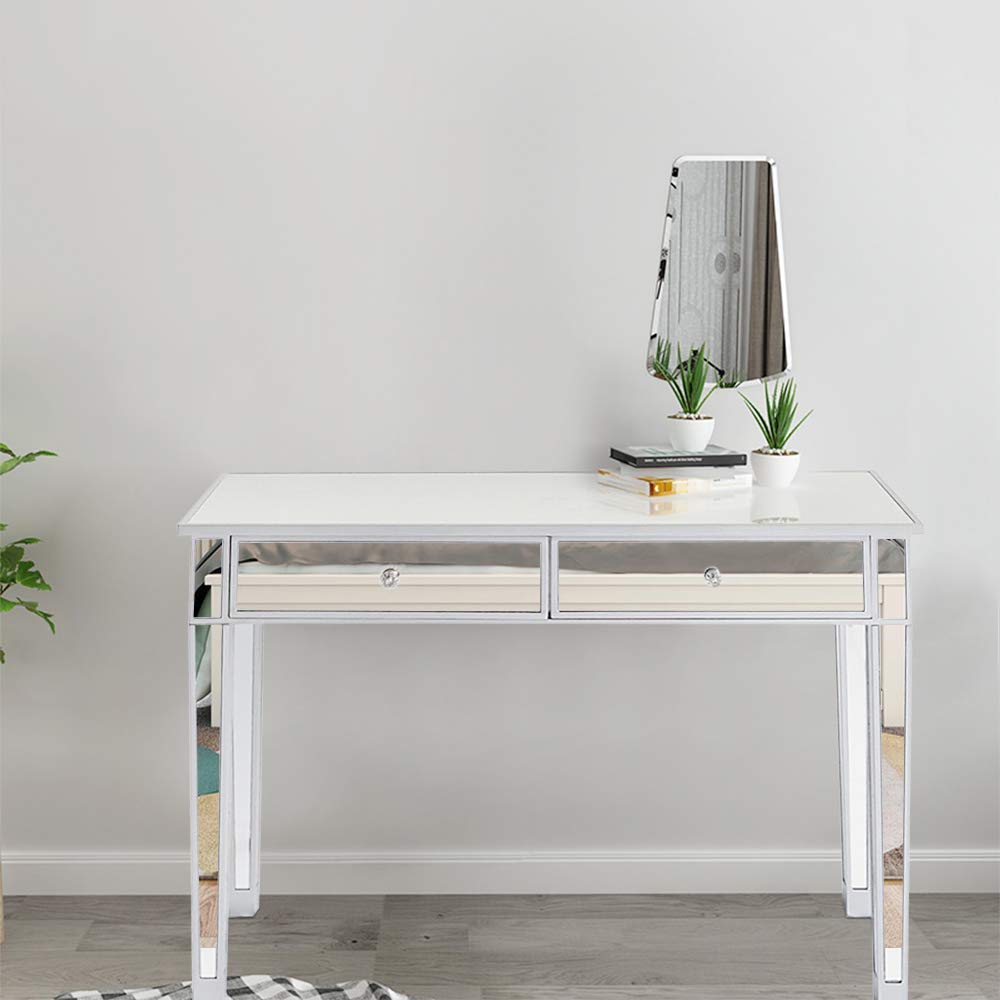 Goujxcy Mirrored Makeup Table Desk,Home Office Smooth Silver Finish Vanity Dressing Table for Women with 2 Drawers Writing Desk Modern Media Console Table