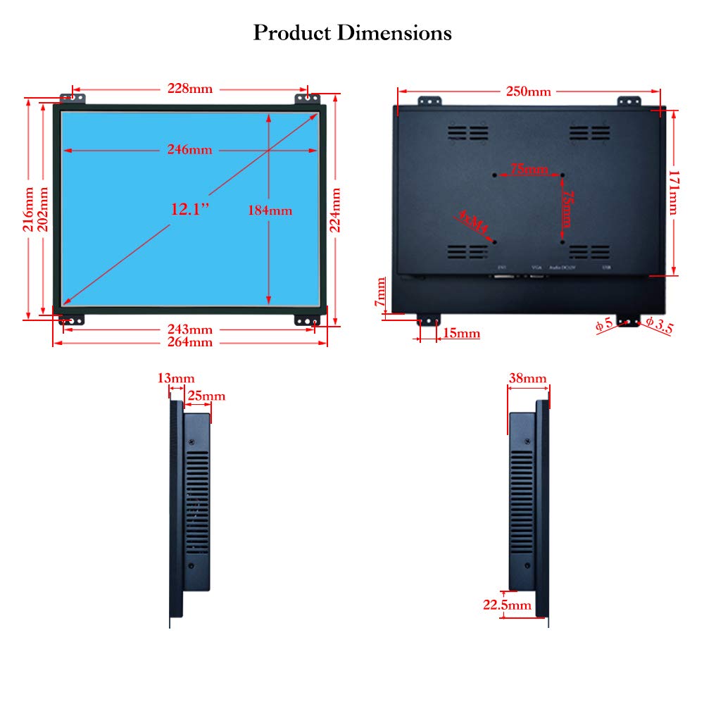 iChawk 12.1'' inch PC Monitor 1024x768 4:3 DVI VGA USB Power On Boot Embedded Open Frame Support Linux Ubuntu Raspbian Debian OS Touch LCD Screen Display with Quick Easy Installation K121MT-DL2