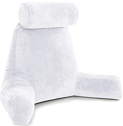 Husband Pillow Combo - Backrest Pillow with Arms : XXL White & Lap Desk Bed Tray : Grey - Memory Foam Reading Pillows for Bed w/Removable Neck Roll & Laptop Bed Tray Table