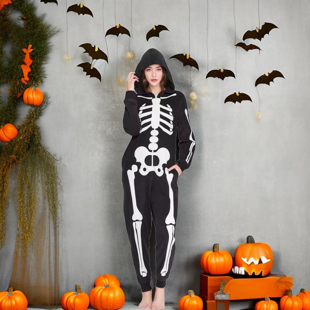 Halloween Matching Family Sets Womens Glowing Skeleton Costumes Hooded Jumpsuit for Ladies Small