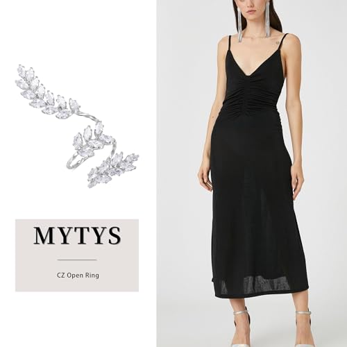 Mytys Fashion CZ Cocktail Rings for Women-Cubic Zirconia Knuckle Rings-Silver Leaf Desigh Open Adjustable Ring