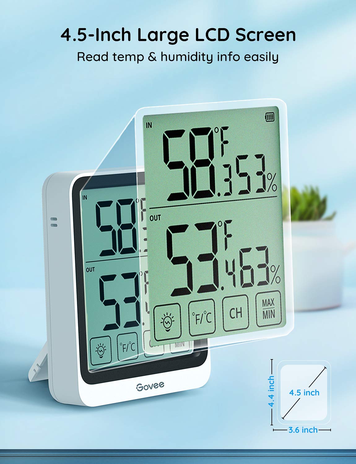 Govee Bluetooth Indoor Outdoor Thermometer, Digital Wireless Weather Hygrometer Humidity with App Notifications, 4.5-Inch Large LCD Touchscreen with Backlight, 2-Year Data Storage