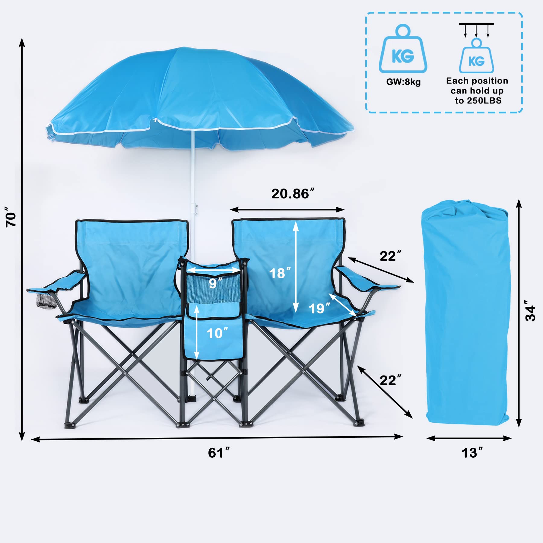 LAZZO Double Folding Camping Chairs, Portable Camping Chairs w/Removable Umbrella Mini Table Cooler Bag, Outdoor Picnic Double Folding loveseat Camp Chairs for Beach Patio Pool Park (Pineapple)