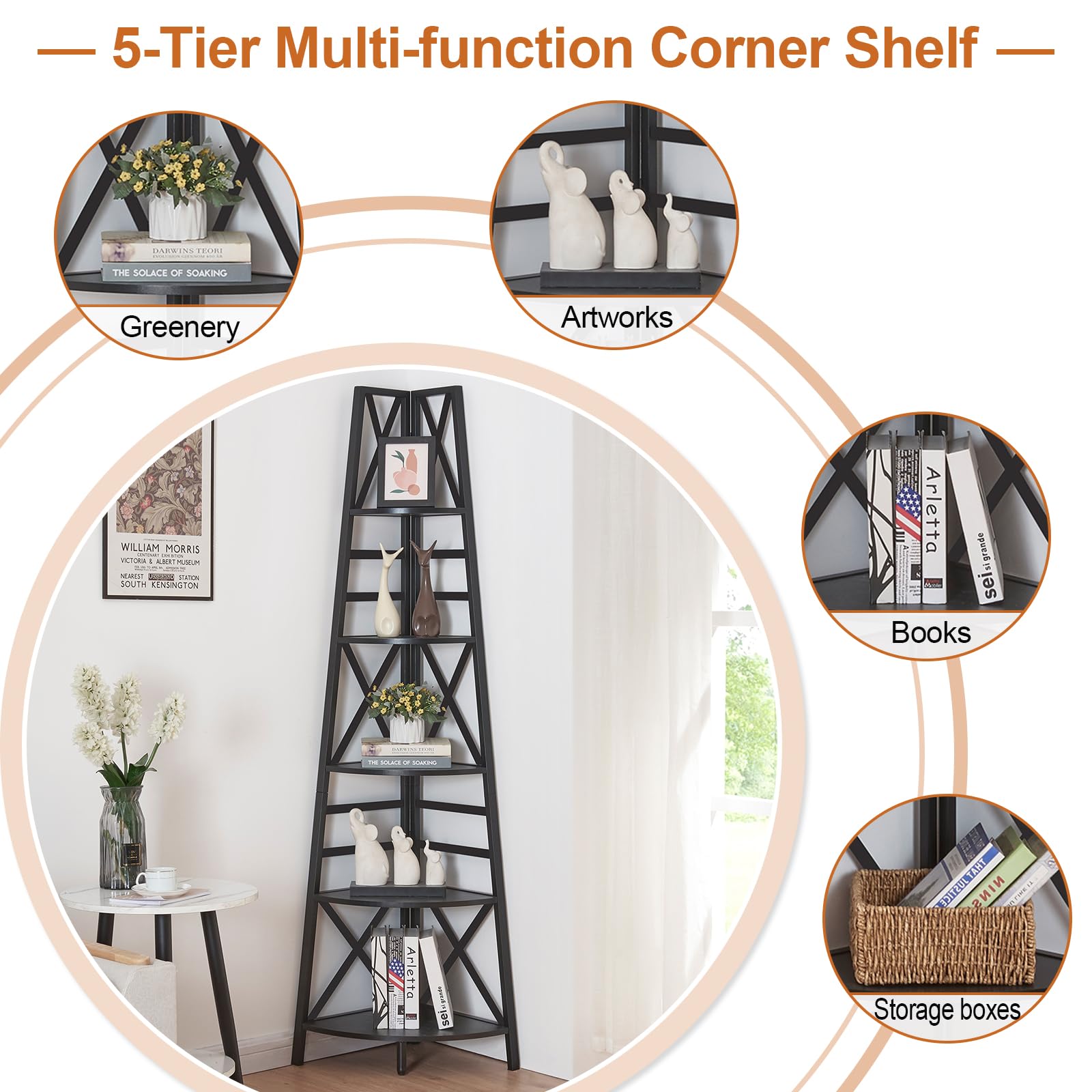 HOMBAZAAR 5-Shelf Industrial Corner Bookcase and Shelf, Standing Tall Corner Bookshelf Display Unit Storage Rack for Home Livingroom Small Space, Retro Brown Finish