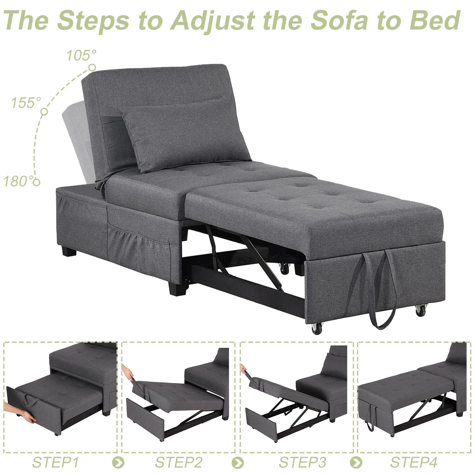 SENIFIS Sofa Bed Chair, 3-in-1 Convertible RV Sleeper Chair Bed with Adjustable Backrest & Pillow, Modern Faux Leather Pull Out Sofa Bed for RV, Small Space, Living Room, Office (PU Black)