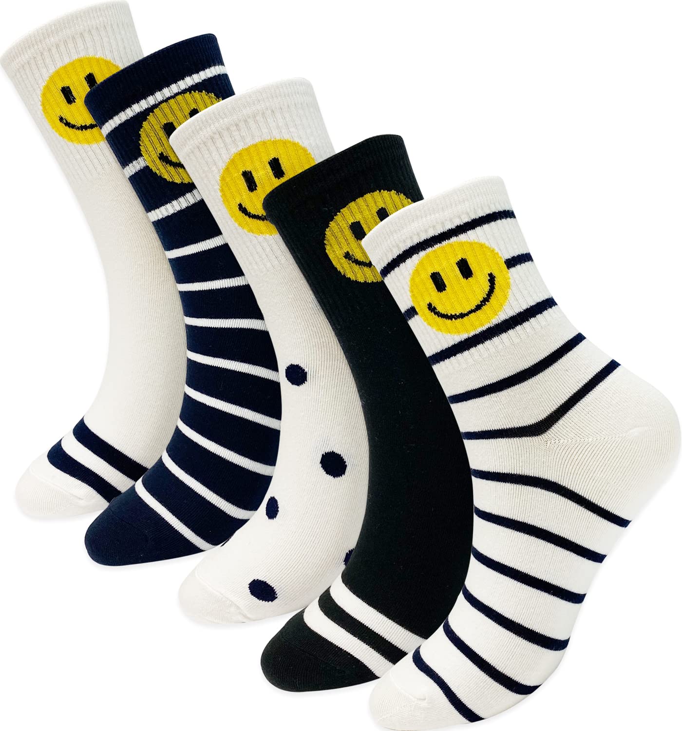 holawit Happy Face Fun Design Positive Smile Black & White Variety Crew Socks 5P Set