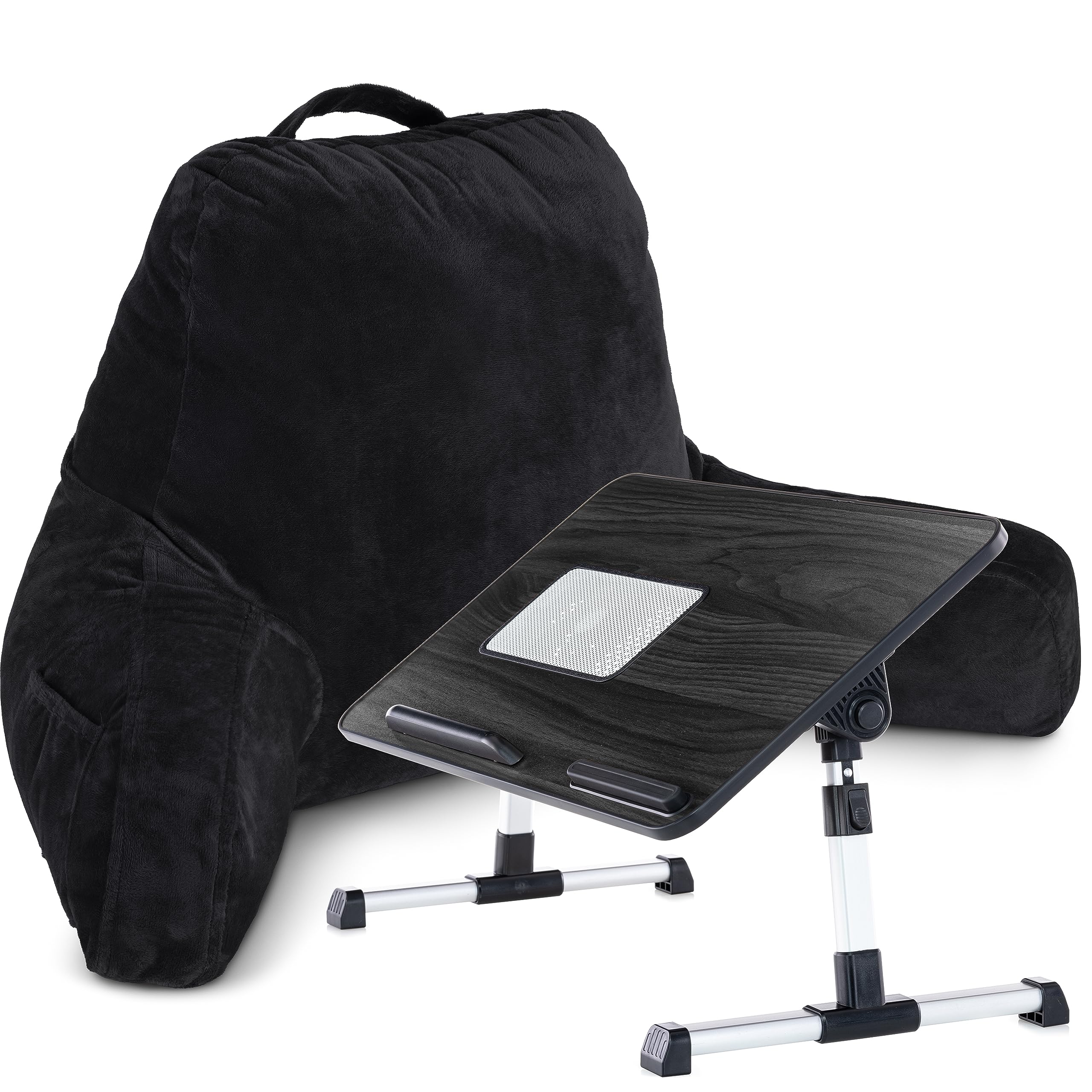 Husband Pillow Combo - Backrest Pillow with Arms : Standard Black & Lap Desk Bed Tray : XXL Grey - Memory Foam Reading Pillows for Bed & Laptop Bed Tray Table