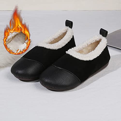 Ladies Fashion Solid Color Suede Leather Panel Warm Plush Flat Sole Casual Shoes Leather Men Casual Shoes Black