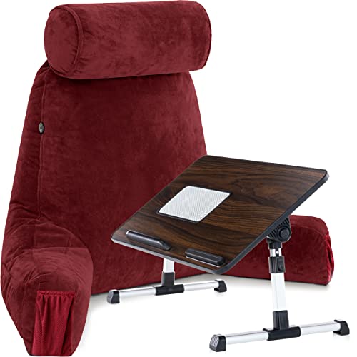 Husband Pillow Combo - Backrest Pillow with Arms : Medium Maroon& Lap Desk Bed Tray : Brown - Memory Foam Reading Pillows for Bed w/Removable Neck Roll & Laptop Bed Tray Table