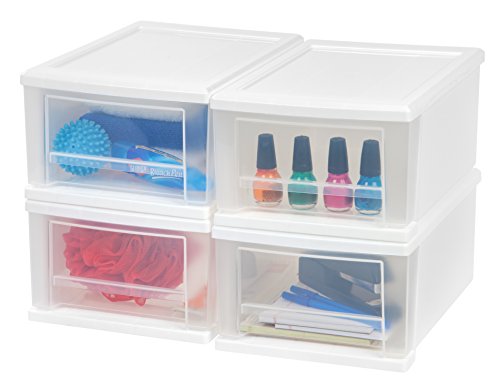 IRIS USA 7 Qt. Plastic Stackable Storage Drawers, Small, 4 Pack, Multi-Purpose Bins for Bedroom, Bathroom, Closet, Craft Room, Garage, Kids Room, Office, Pantry, Under Sink, White