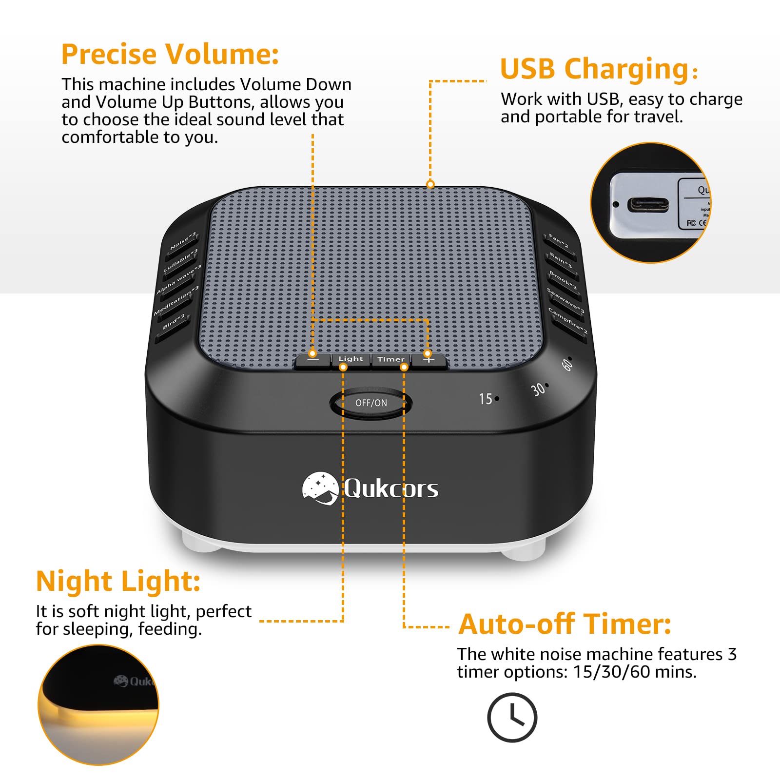 Qukcors White Noise Machine, Sleep Sound Machine with 28 Soothing Sounds, Sound Machine with Auto-Off Timer, Memory Function & Night Light for Sleeping, Sound Therapy for Baby, Kids and Adults