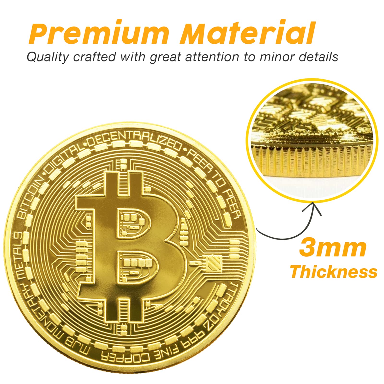 Naturiway 5Pcs Bitcoin Coin, Bitcoin Commemorative Coin 24K Gold Plated, 3mm BTC Cryptocurrency, Collectible Coin with Protective Case, Blockchain Cryptocurrency, Home and Office Decoration