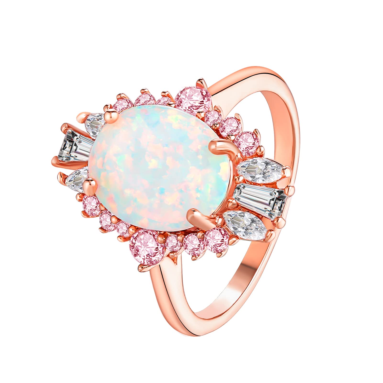 LAZLUVU White Opal Ring Oval Cut Created Opal Solitaire Engagement Wedding Rings with Cubic Zirconia Promise Ring Jewelry For Women