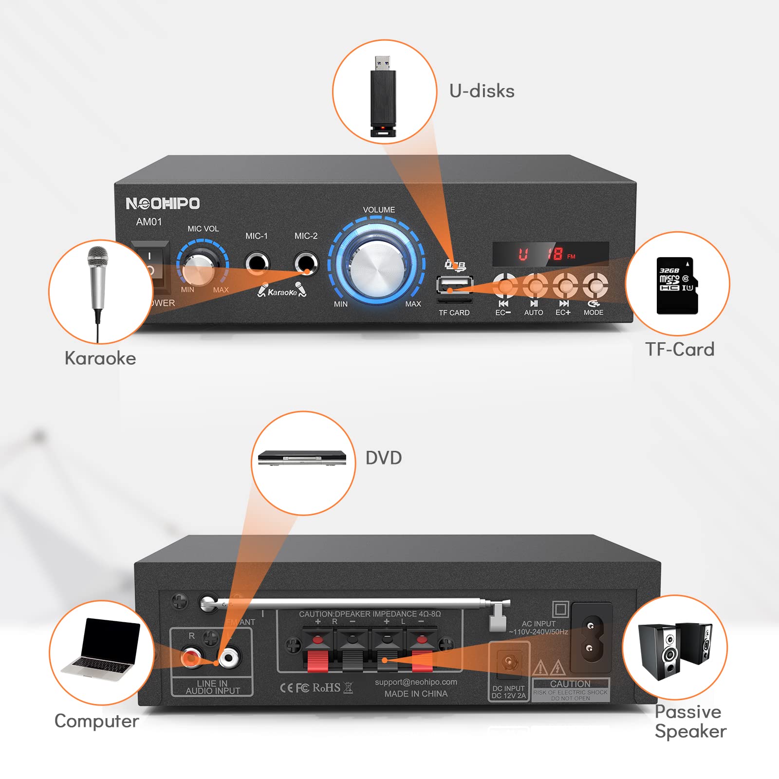 NEOHIPO AM01 150Wx2 Class AB Bluetooth 5.0 Stereo Power Amplifier Wireless 2.0CH Audio Receiver Component Amp for Home Passive Speakers with Remote Control RCA/USB/TF Card/2 MIC Input FM Radio