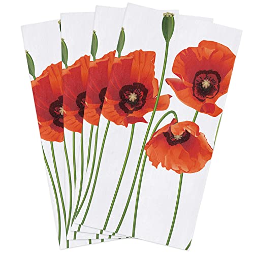 Kitchen Towels Dish Towel Set of 4,Red Poppy Floral Green Plant Absorbent Hand Towels Cleaning Dishcloth Tea Towels,Farm Watercolor Flower Reusable Drying Dish Cloths