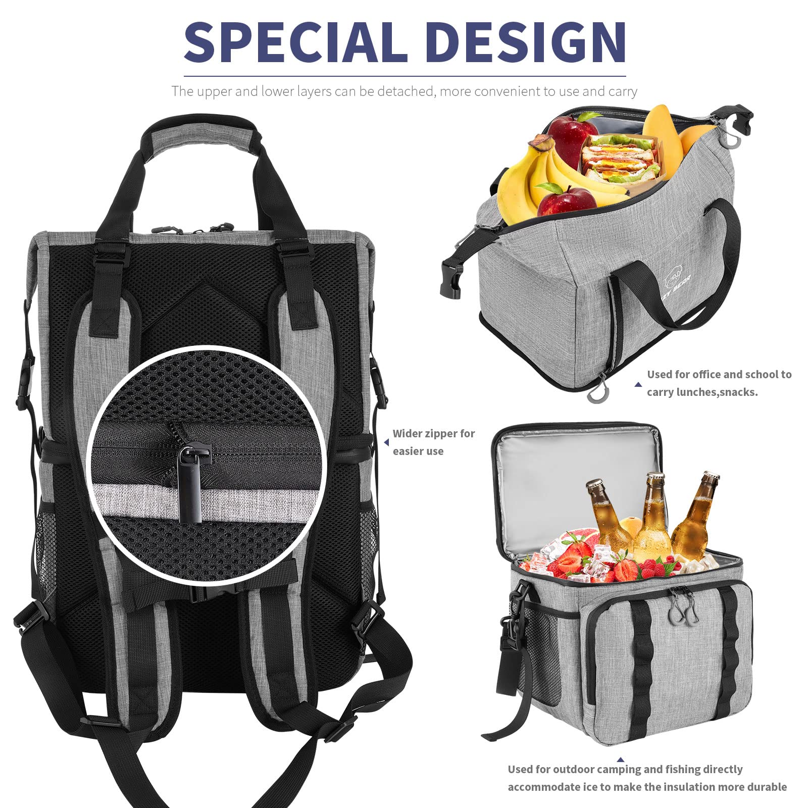 Lazy Bear Cooler Backpack Keeps 30 Cans Cold for 24 Hours Waterproof Leak Proof Soft Double Layer Detachable Multifunctional Insulated Fishing Shopping Camping Road Trips