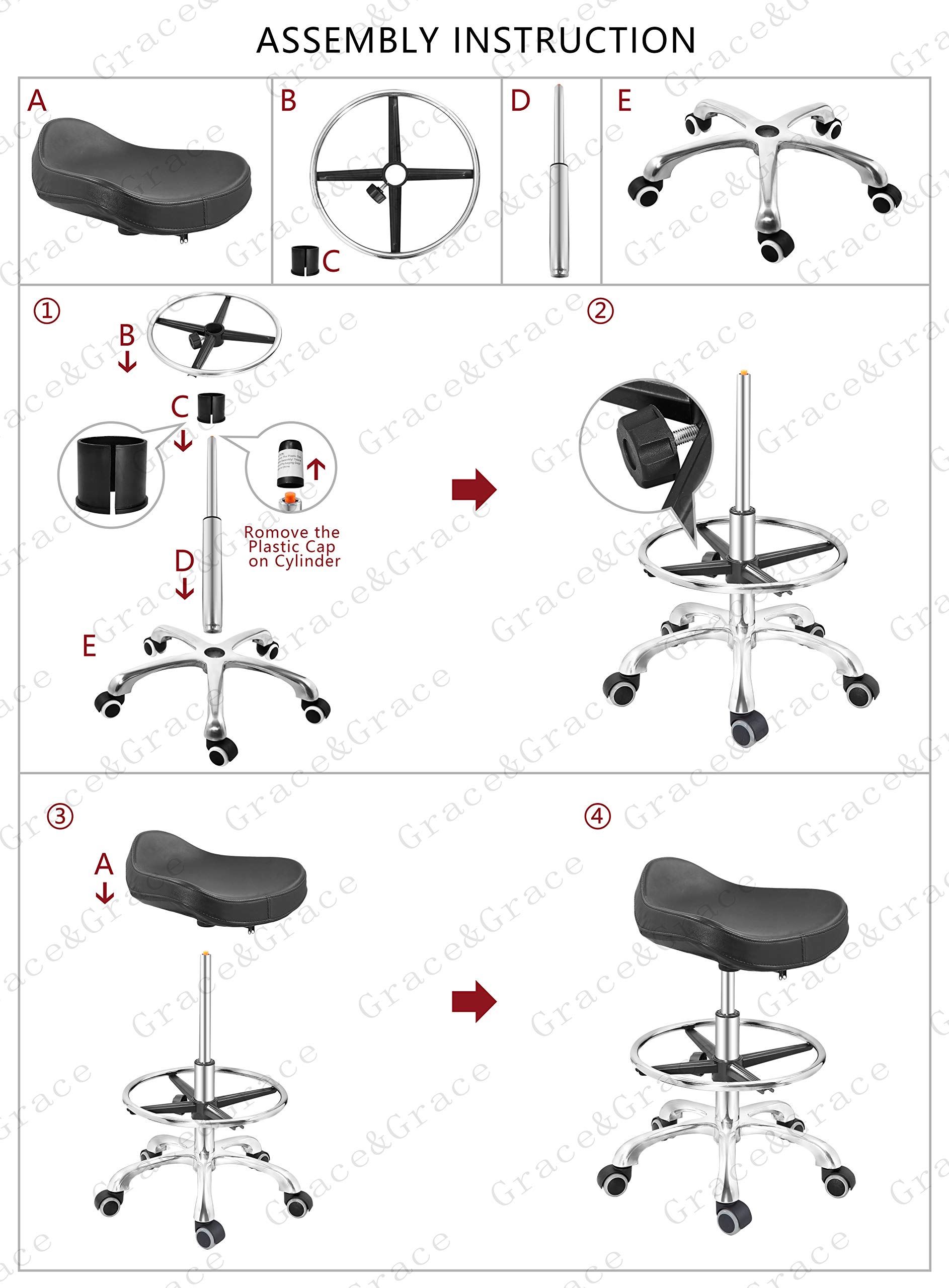 Grace & Grace Height Adjustable Rolling Swivel Stool Chair with Ergonomic Seat and Comfortable Footrest Heavy Duty Metal Base for Salon,Shop, Kitchen (Black, with Caster)