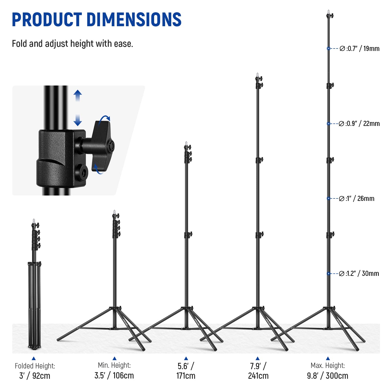 NEEWER 9.8ft/3m Air Cushioned Light Stand, Heavy Duty Metal Photography Tripod Stand with 1/4" to 3/8" Reversible Spigot, 3 Way Mounting Interface & Metal Locking Knobs, Max Load 5.5lb/2.5kg