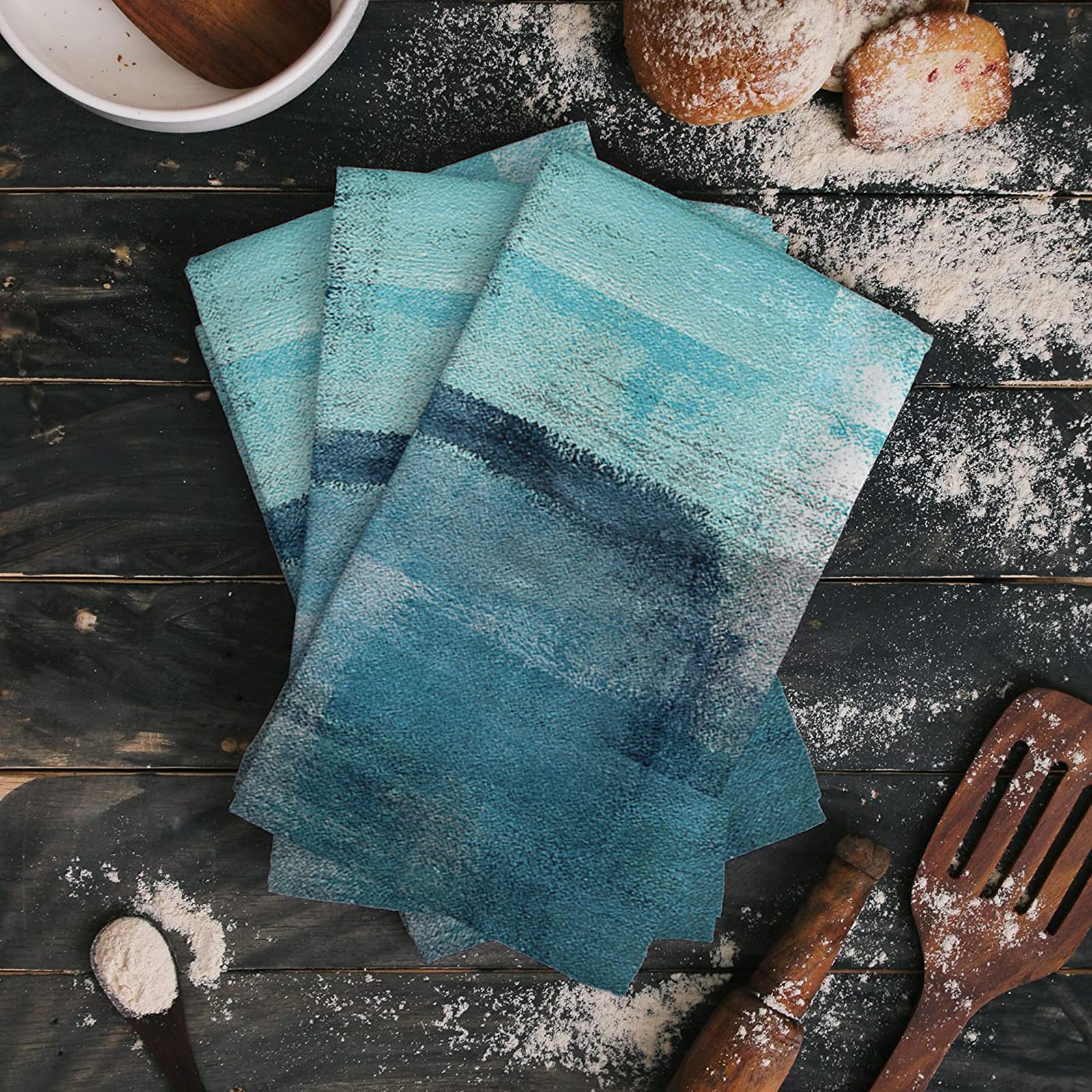 Kitchen Towels Abstract Paint Art Graffiti Lattice Tea Towel Microfiber Absorbent Washable Cyan Teal Turquoise Gray Soft Hand Dish Towel Cleaning Cloth for Kitchen Bathroom,18 x 28 Inch