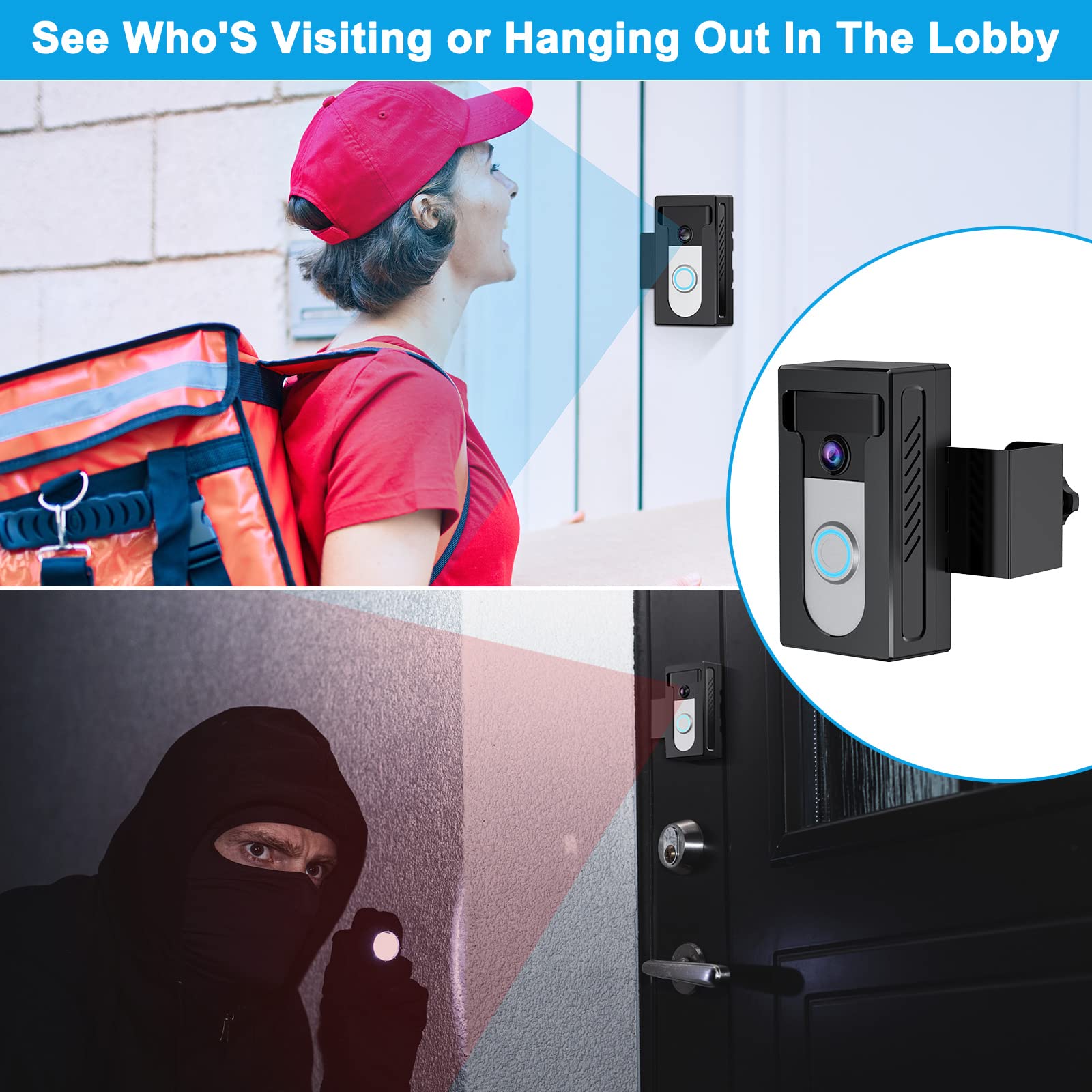 ODSD Anti-Theft Video Doorbell Mount, No-Drill Doorbell Mount, Not Block Doorbell Motion Sensor, Adjustable Mounting Bracket Kits for Apartment Home Renters Coal Black