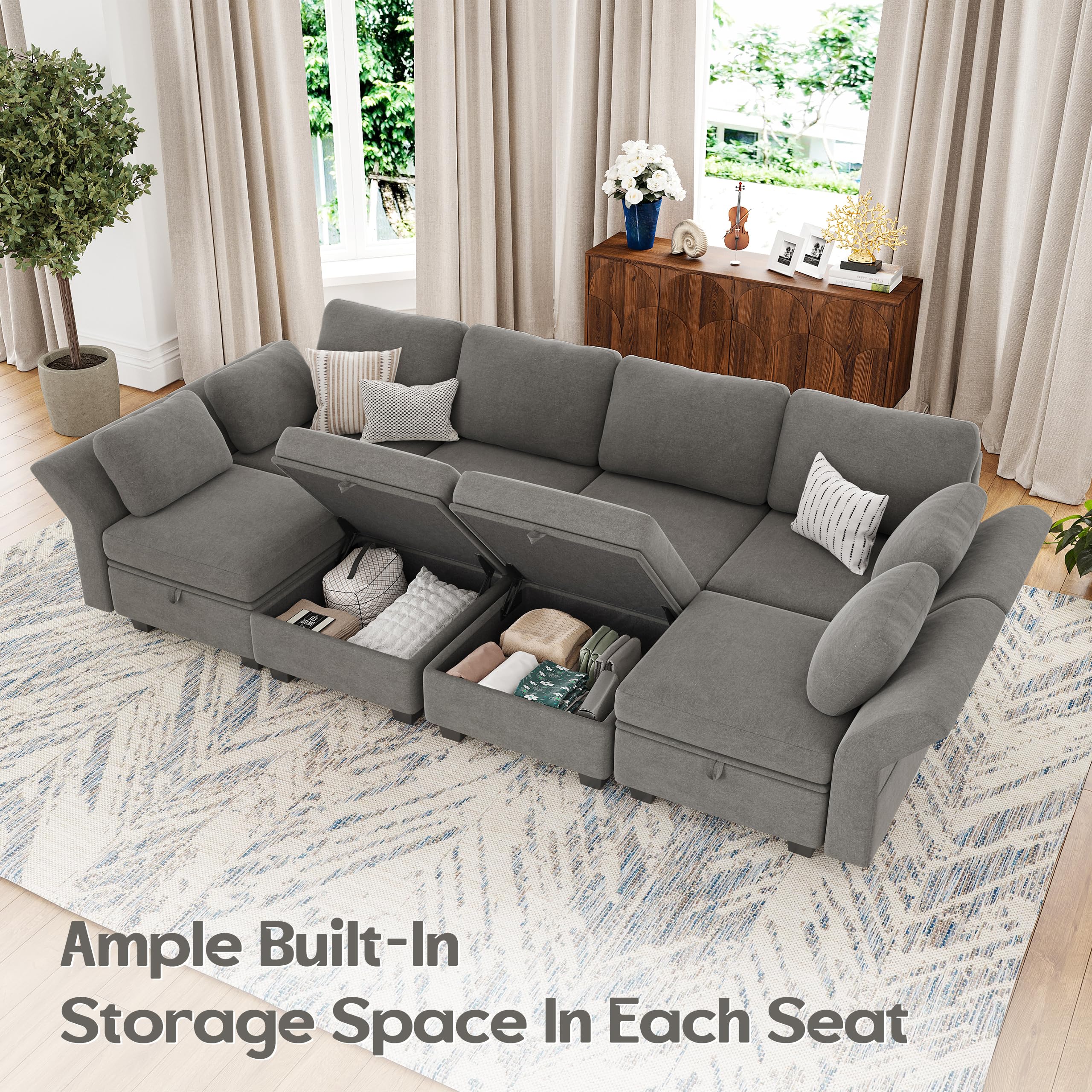 SOMEET Sectional Couch, Modular Sectional Sofa with Storage, U Shaped Sectional Couches for Living Room with Chaise, 6 Seats Convertible Sofa Bed Supportive with Adjustable Backrest 112", Blue Grey