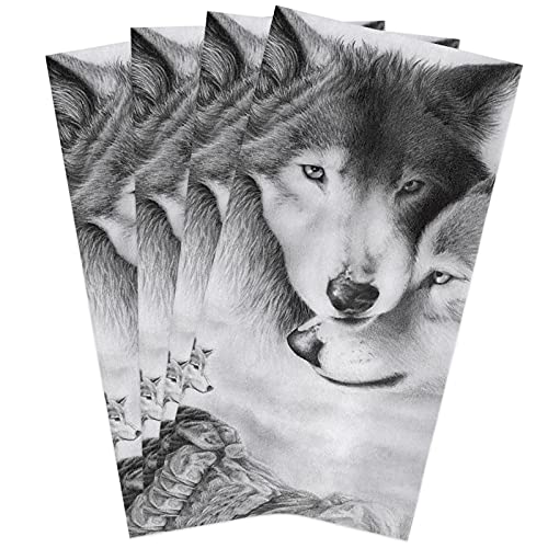 Kitchen Towels Dishcloths Set of 4, Romantic Wolf Couple Loving Animal Beast Black White Minimalist Style Absorbent Dish Towels Dish Cloths for Drying Kitchen Hand Towels Decorative Tea Towels
