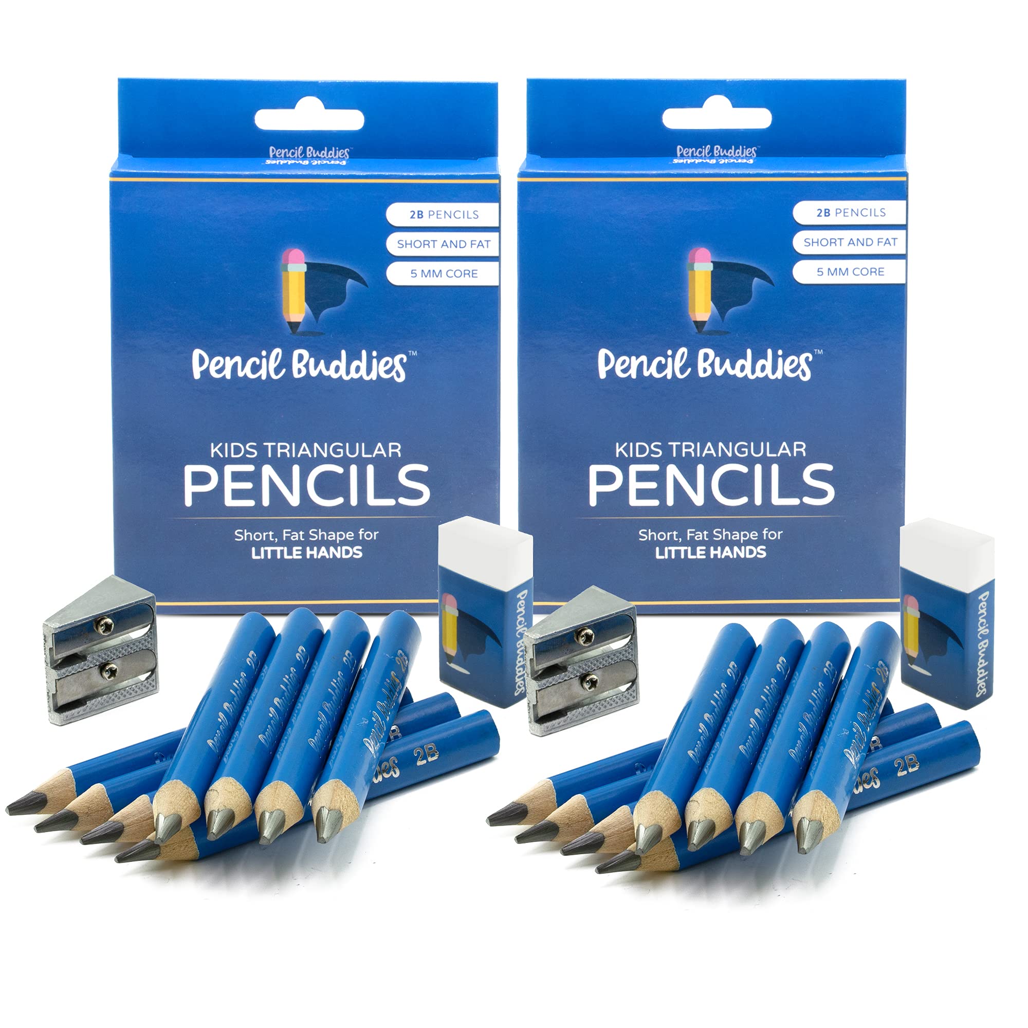 Jumbo Kids Triangle Pencils for Preschoolers, Kindergarten, Toddlers & Beginners (2 Sets) - 8 Short Triangular Pencils & Sharpener, Fat Pencils for Kindergarten, 2B (Natural Wood, 2 Sets)