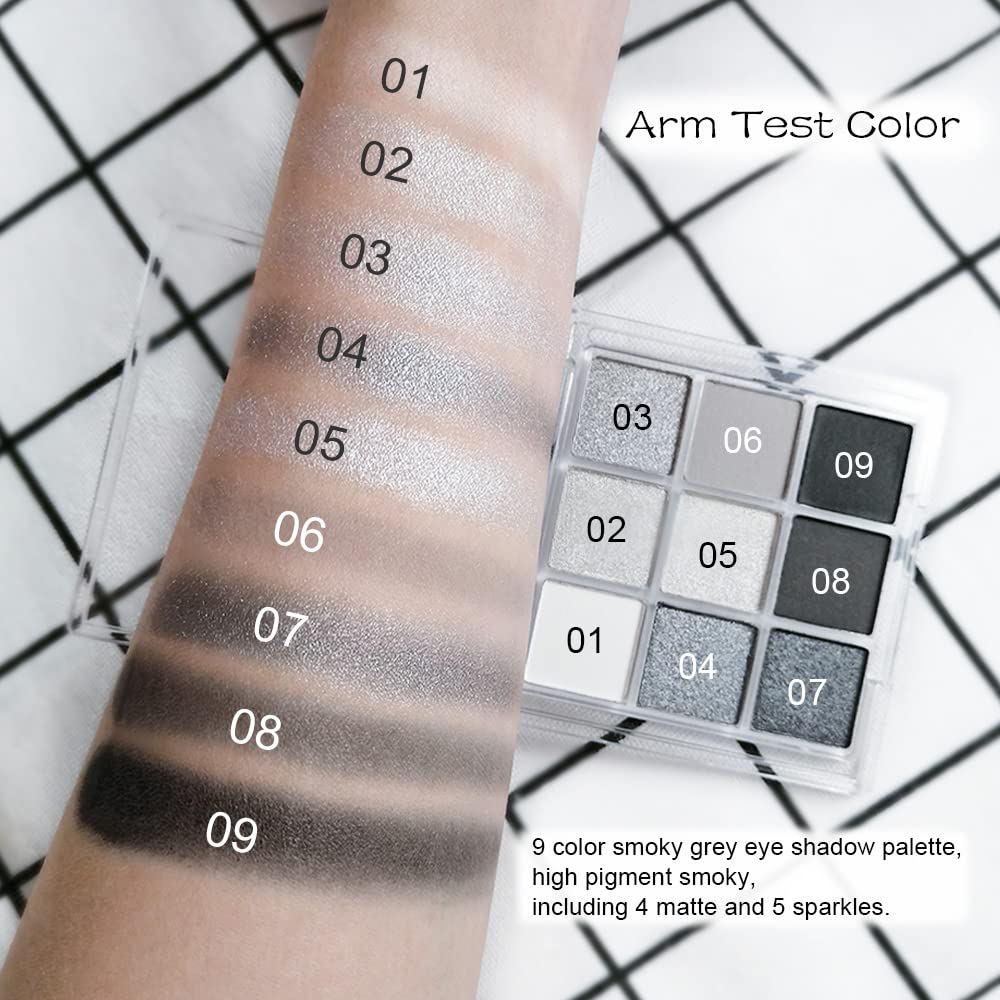 KARNAR Black Smokey Gray Silver Glitter Shimmer Eye Makeup Palette, 9 Colors Cool Toned Matte, Make Up Black Radiance Eyeshadow Palette, Profesional Sombras De Ojos